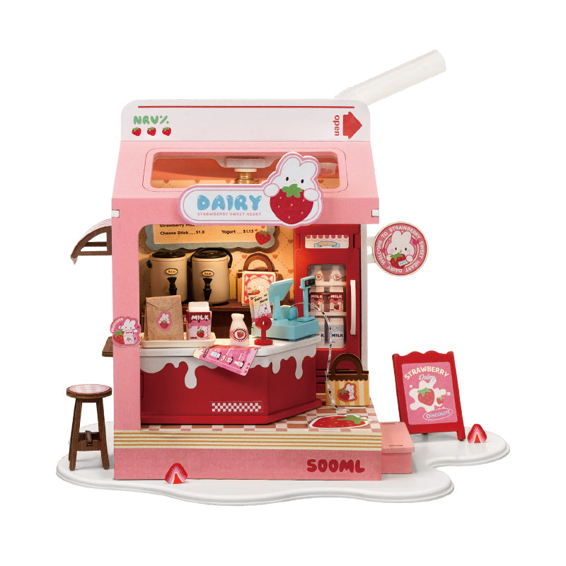 Robotime Rolife Strawberry Milk Food Box Shop DIY Miniature House Kit